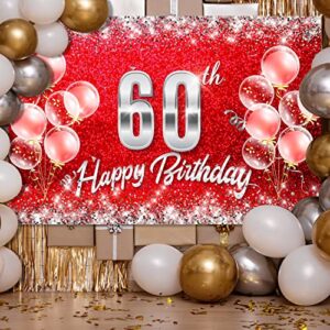 Red and Silver Happy 60th Birthday Backdrop Banner Decorations for Women Men 60 Years Old Bday Background Photography Party Decor Sign Supplies