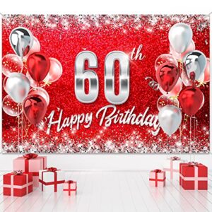 Red and Silver Happy 60th Birthday Backdrop Banner Decorations for Women Men 60 Years Old Bday Background Photography Party Decor Sign Supplies