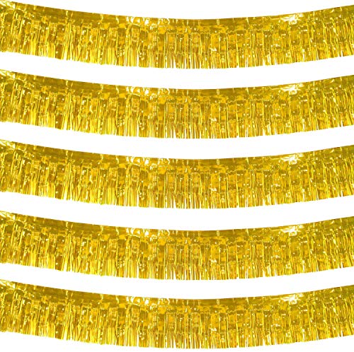 Blukey 10 Feet Long Roll Gold Foil Fringe Garland - Pack of 5 | Shiny Metallic Tassle Banner | Ideal for Parade Floats, Bridal Shower, Bachelorette, Wedding, Birthday | Wall Hanging Fringe Banner