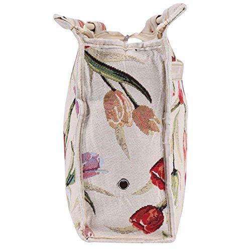 Knitting Bag, Wood Handle Woven Fabric Storage Bag Travel Yarn Storage Tote Organizer Crochet Bag for Knitting Needles Sewing Tools(Red Flower)