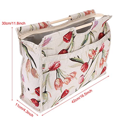 Knitting Bag, Wood Handle Woven Fabric Storage Bag Travel Yarn Storage Tote Organizer Crochet Bag for Knitting Needles Sewing Tools(Red Flower)