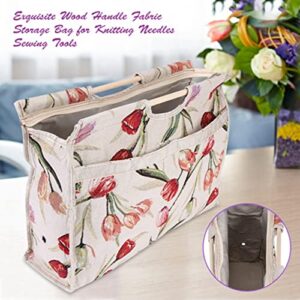 Knitting Bag, Wood Handle Woven Fabric Storage Bag Travel Yarn Storage Tote Organizer Crochet Bag for Knitting Needles Sewing Tools(Red Flower)