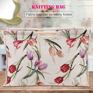 Knitting Bag, Wood Handle Woven Fabric Storage Bag Travel Yarn Storage Tote Organizer Crochet Bag for Knitting Needles Sewing Tools(Red Flower)