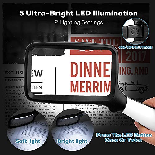 Folding Handheld Magnifying Glass with Light, 3X Large Rectangle Reading Magnifier with Dimmable LED for Seniors with Macular Degeneration, Newspaper, Books, Small Print, Lighted Gift for Low Visions