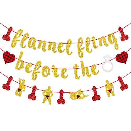 Flannel Fling Before The Ring Bachelorette Banner Male Strippers Banner for Plaid Bachelorette Camp Bachelorette Party Decorations (Gold)