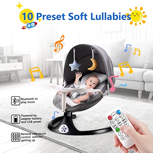 ZRWD Baby Swing for Infants, 5 Speed Electric Bluetooth Baby Rocker for Newborn, 3 Timer Settings & 10 Pre-Set Lullabies, Portable Baby Swing with Tray and Remote Control for 5-26 lbs, 0-12 Months