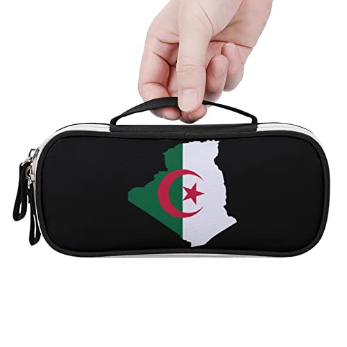 Algeria Flag Map PU Leather Pencil Pen Case Organizer Travel Makeup Handbag Portable Stationery Bag