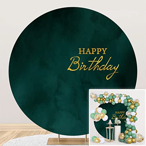 Canessioa 7.5x7.5ft Green Birthday Round Backdrop Cover Dark Green Atrovirens Gold Happy Birthday Round Backdrop Polyester Adult Man Woman 30th 40th Birthday Party Circle Backdrop Cover