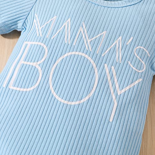 Newborn Infant Baby Boy Clothes Mamas Boy Ribbed Knitted Cotton Romper Dinosour Short Summer Outfits Set (Blue-short, 0-3 Months)