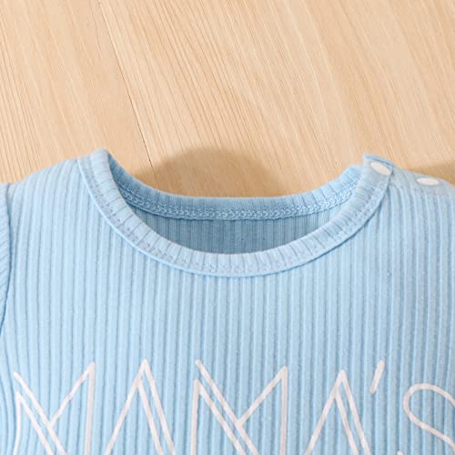 Newborn Infant Baby Boy Clothes Mamas Boy Ribbed Knitted Cotton Romper Dinosour Short Summer Outfits Set (Blue-short, 0-3 Months)