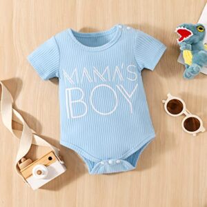 Newborn Infant Baby Boy Clothes Mamas Boy Ribbed Knitted Cotton Romper Dinosour Short Summer Outfits Set (Blue-short, 0-3 Months)