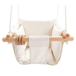 Mlian Secure Canvas and Wooden Baby Hanging Swing Seat Chair Indoor and Outdoor Hammock Backyard Outside Swing Kids Toys Swings 6-36 Months with Lace Décor Cushion and Natural Wooden Ring, Beige