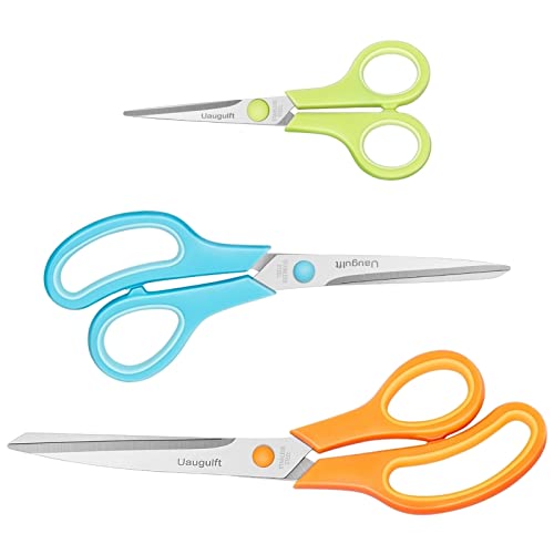 Uaugulft Scissors Set of 3, Stainless Steel Sharp Blades, Ergonomic TPR Grip , Multi-Purpose, Great for Craft, School, Office, Fabric and Sewing Use, 5.5/8.5/9.7inch, Green/Blue/Orange