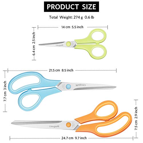 Uaugulft Scissors Set of 3, Stainless Steel Sharp Blades, Ergonomic TPR Grip , Multi-Purpose, Great for Craft, School, Office, Fabric and Sewing Use, 5.5/8.5/9.7inch, Green/Blue/Orange