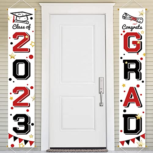 Bunny Chorus 2023 Graduation Party Decorations, Class of 2023 Congrats Grad Banner, Graduation Porch Sign with Gold Stars, Red and Black Hanging Banner Photo Props for Home School Graduation Party