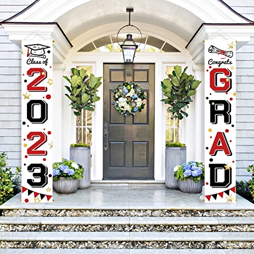 Bunny Chorus 2023 Graduation Party Decorations, Class of 2023 Congrats Grad Banner, Graduation Porch Sign with Gold Stars, Red and Black Hanging Banner Photo Props for Home School Graduation Party