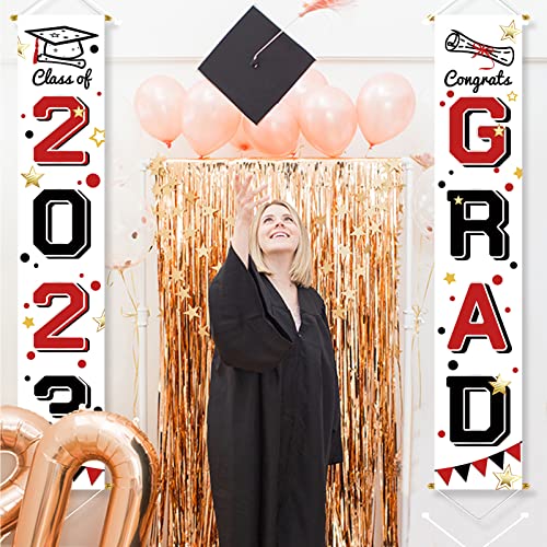 Bunny Chorus 2023 Graduation Party Decorations, Class of 2023 Congrats Grad Banner, Graduation Porch Sign with Gold Stars, Red and Black Hanging Banner Photo Props for Home School Graduation Party