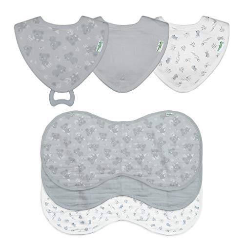 green sprouts Muslin Stay-Dry Teether Bibs & Burp Cloths Set Made from Organic Cotton (6Piece), Gray Koala