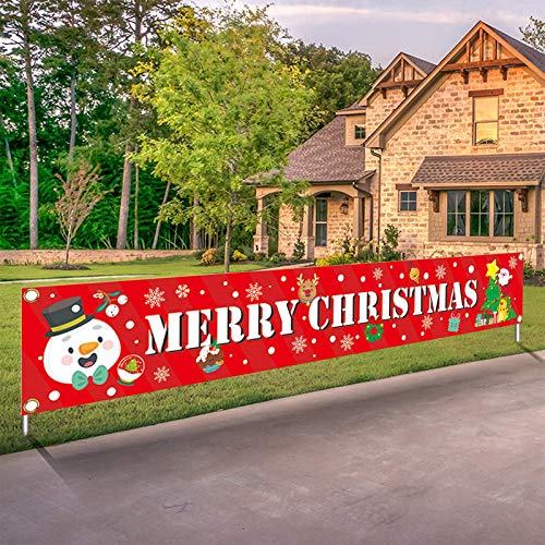 Large Merry Christmas Banner Xmas Decoration Snowman Christmas Tree Hanging Huge Sign Holiday Party Supplies Home Decor for Outdoor,Indoor,Yard,Garden,Porch,Lawn