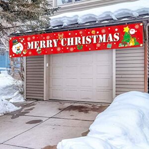 Large Merry Christmas Banner Xmas Decoration Snowman Christmas Tree Hanging Huge Sign Holiday Party Supplies Home Decor for Outdoor,Indoor,Yard,Garden,Porch,Lawn