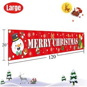 Large Merry Christmas Banner Xmas Decoration Snowman Christmas Tree Hanging Huge Sign Holiday Party Supplies Home Decor for Outdoor,Indoor,Yard,Garden,Porch,Lawn