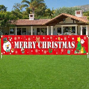 Large Merry Christmas Banner Xmas Decoration Snowman Christmas Tree Hanging Huge Sign Holiday Party Supplies Home Decor for Outdoor,Indoor,Yard,Garden,Porch,Lawn