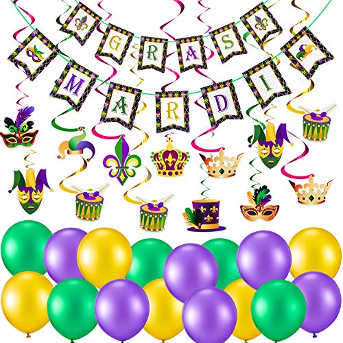 43 Pieces Mardi Gras Hanging Decorations Kit Included New Orleans Pennant Banner 18 Pieces Mardi Gras Hanging Swirls and 24 Pieces Mardi Gras Latex Balloons for Mardi Gras Party Decorations Supplies