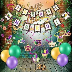 43 Pieces Mardi Gras Hanging Decorations Kit Included New Orleans Pennant Banner 18 Pieces Mardi Gras Hanging Swirls and 24 Pieces Mardi Gras Latex Balloons for Mardi Gras Party Decorations Supplies