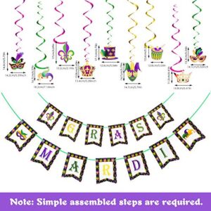 43 Pieces Mardi Gras Hanging Decorations Kit Included New Orleans Pennant Banner 18 Pieces Mardi Gras Hanging Swirls and 24 Pieces Mardi Gras Latex Balloons for Mardi Gras Party Decorations Supplies