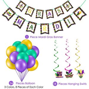 43 Pieces Mardi Gras Hanging Decorations Kit Included New Orleans Pennant Banner 18 Pieces Mardi Gras Hanging Swirls and 24 Pieces Mardi Gras Latex Balloons for Mardi Gras Party Decorations Supplies