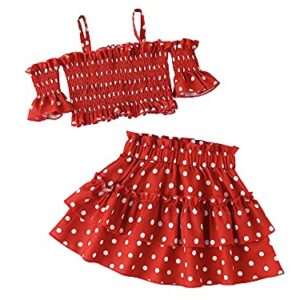 2Pcs Toddler Baby Girls Cold-Shoulder Polka Dot Print Pullover Crop Tops Ruffled Pleated Mini Skirt Outfit Set (Wine Red, 4-5 Years)