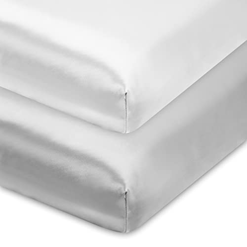 Yeeeasy Soft Satin Pack n Play Sheet Protect Baby Hair 27’’x39’’ Fitted Playard Sheet Portable Mini Crib Mattress Sheet for Boys and Girls, 2 Pack, Gray and White