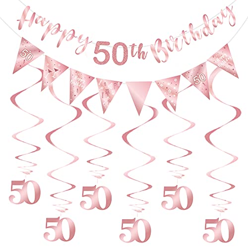 Rose Gold 50th Birthday Decoration for Girls, Happy 50th Birthday Banner Bunting Swirls, Triangle Flag Banner for 50 Birthday Party Decorations Supplies