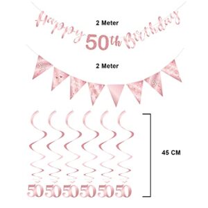 Rose Gold 50th Birthday Decoration for Girls, Happy 50th Birthday Banner Bunting Swirls, Triangle Flag Banner for 50 Birthday Party Decorations Supplies