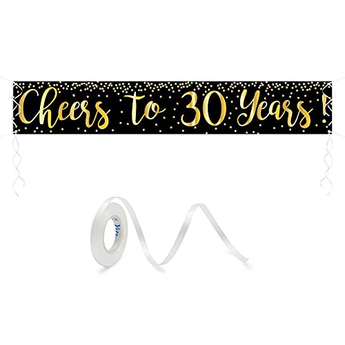 Cheers to 30 Years Banner, 30th Birthday Party Decorations (Black, Gold, 9.8 x 1.6 Ft)