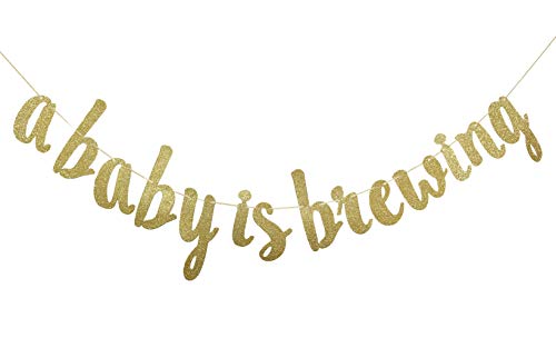 A Baby is Brewing Gold Glitter Banner Sign Garland for Baby Boy, Girl or Gender Reveal Baby Shower Party Decorations Supplies Cursive Bunting Photo Booth Props