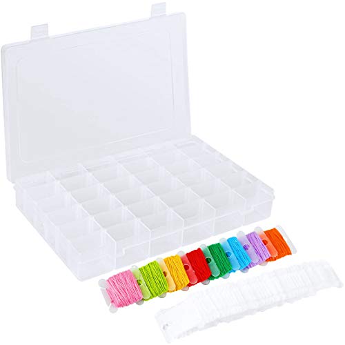 Onwon 100 Pieces Embroidery Thread Cards Cross Stitch Floss Bobbins and 36 Grids Plastic Storage Box Transparent Container for Thread Organizer Holder Earrings, Jewelry Making Tool, Beads