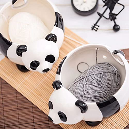 LPAYOK Cute Panda Ceramic Yarn Bowl, Knitting Yarn Bowls with Holes, Bowl Holder Yarn Storage Bowl Perfect for DIY Craft Knitting Crocheting 6x3