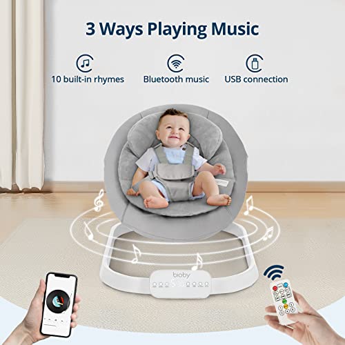 Bioby Baby Swing for Infants with 5 Speed Unique U-Shaped Motions, Portable Baby Bouncer with 3 Seat Positions & USB Charging for Indoor and Outdoor, Bluetooth Baby Swing for 5-20 lb, 0-10Months