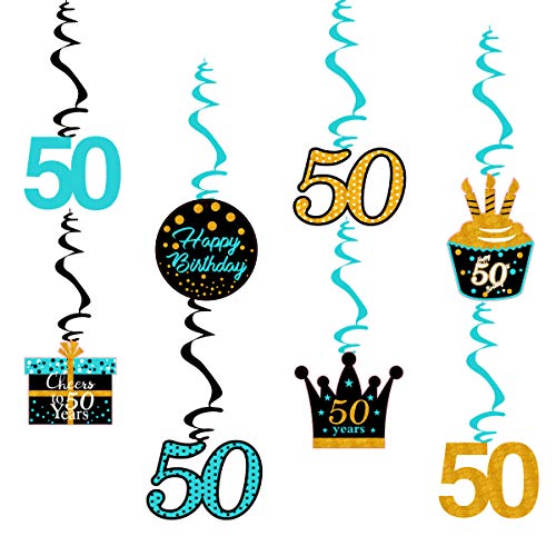 Furuix 50th Birthday Decorations for Women Teal Gold 50th Birthday Hanging Swirls Hanging Swirls Decorations for Teal Gold 50 Years Old Party Supplies