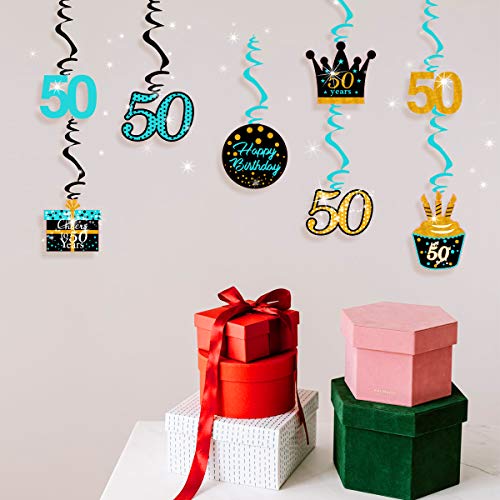 Furuix 50th Birthday Decorations for Women Teal Gold 50th Birthday Hanging Swirls Hanging Swirls Decorations for Teal Gold 50 Years Old Party Supplies