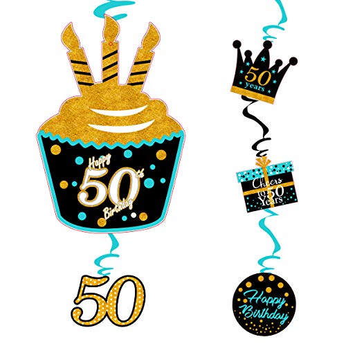 Furuix 50th Birthday Decorations for Women Teal Gold 50th Birthday Hanging Swirls Hanging Swirls Decorations for Teal Gold 50 Years Old Party Supplies