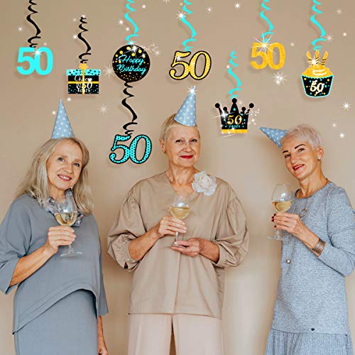 Furuix 50th Birthday Decorations for Women Teal Gold 50th Birthday Hanging Swirls Hanging Swirls Decorations for Teal Gold 50 Years Old Party Supplies