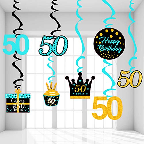 Furuix 50th Birthday Decorations for Women Teal Gold 50th Birthday Hanging Swirls Hanging Swirls Decorations for Teal Gold 50 Years Old Party Supplies