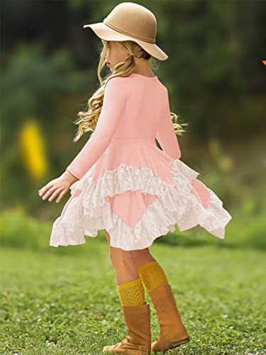 Baby Girls Long Sleeve Winter Ribbed Knit Dress Lace Layered Ruffle Dress for Christmas Holiday (Pink, 12-24M)