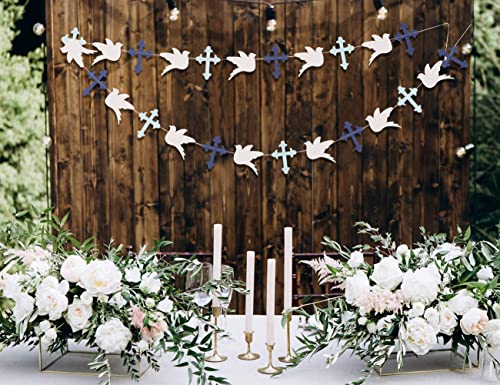 LINGANA First Communion Baptism Decorations - Dove and Cross Garland, God Bless Banner, God Bless Decorations, First God Bless Decor, Confirmation Decorations, Photo Props Crosses,1st Communion Party, Boy or Girl Baptism Decor