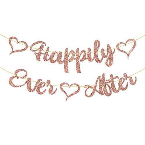 WeBenison Happily Ever After Banner, Bachelorette Party Supplies, Wedding / Engagement / Wedding / Just Married Party Decorations, Rose Gold Glitter