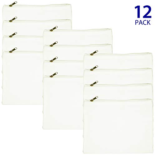 12 Piece (Pack of 1) Small DIY Blank Cotton Canvas Makeup Bags Bulk, Plain Cosmetic Zipper Bag, Pencil Pouch 8 x 6 inches