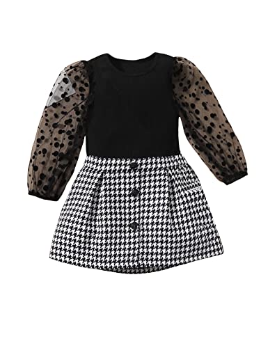 WDIRARA Toddler Girl's 2 Piece Outfits Polka Dots Mesh Top and Houndstooth Print Skirt Set Black and White 6-9M