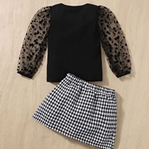 WDIRARA Toddler Girl's 2 Piece Outfits Polka Dots Mesh Top and Houndstooth Print Skirt Set Black and White 6-9M